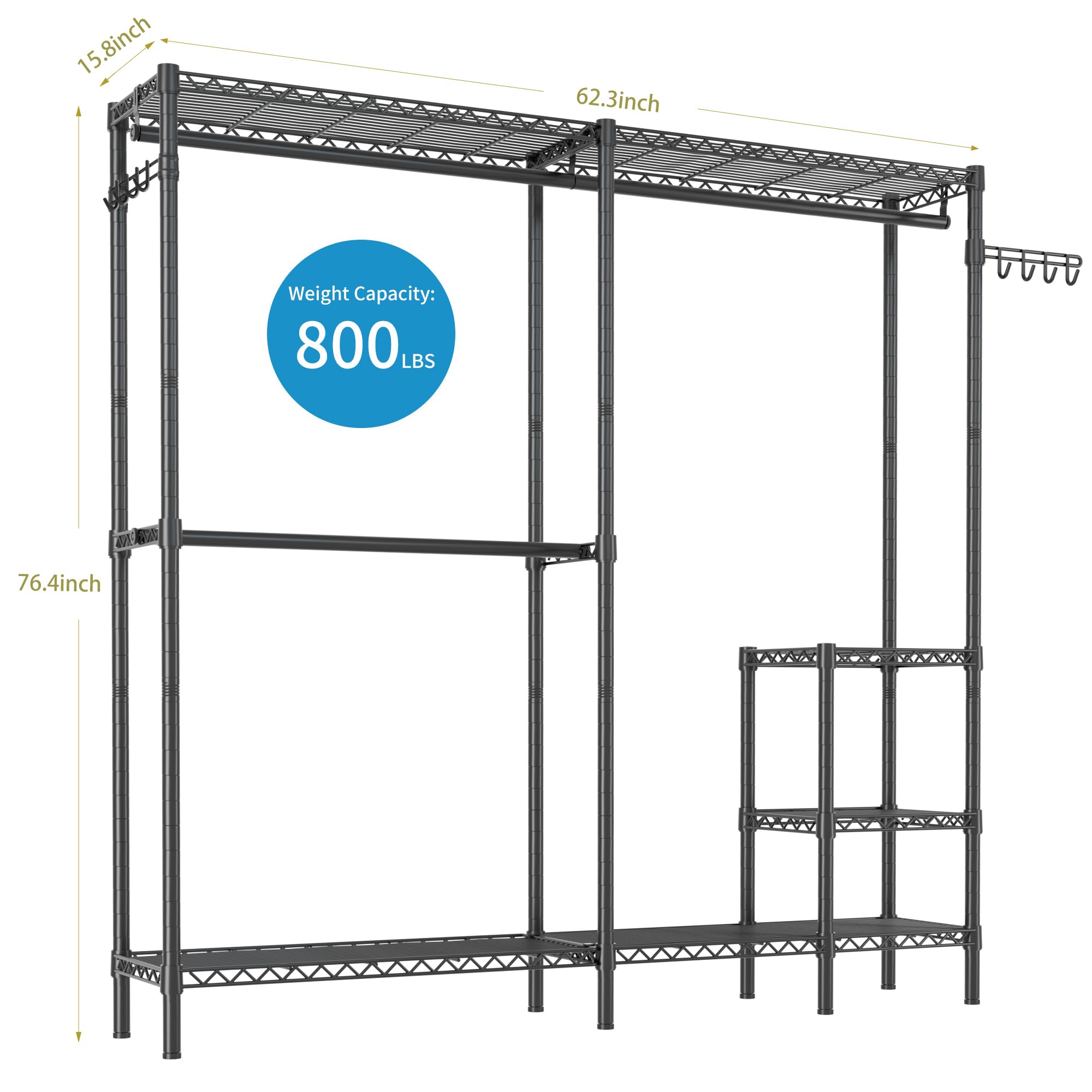 Heavy Duty Clothes Rack Clothing Rack for Hanging Clothes,Large Metal Garment Rack with 4 Tiers Adjustable Wire Shelves&3 Hanger Rods&2 Hooks,Freestanding Closet Wardrobe System,MaxLoad 800lbs