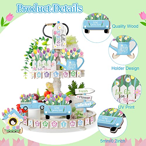 Bucherry Hello Spring Tiered Tray Decor Tulips Table Wooden Sign Decorations Flower Market Tabletop Rustic Farmhouse Decor for Spring Holiday Party Home Kitchen (Tulip Style)