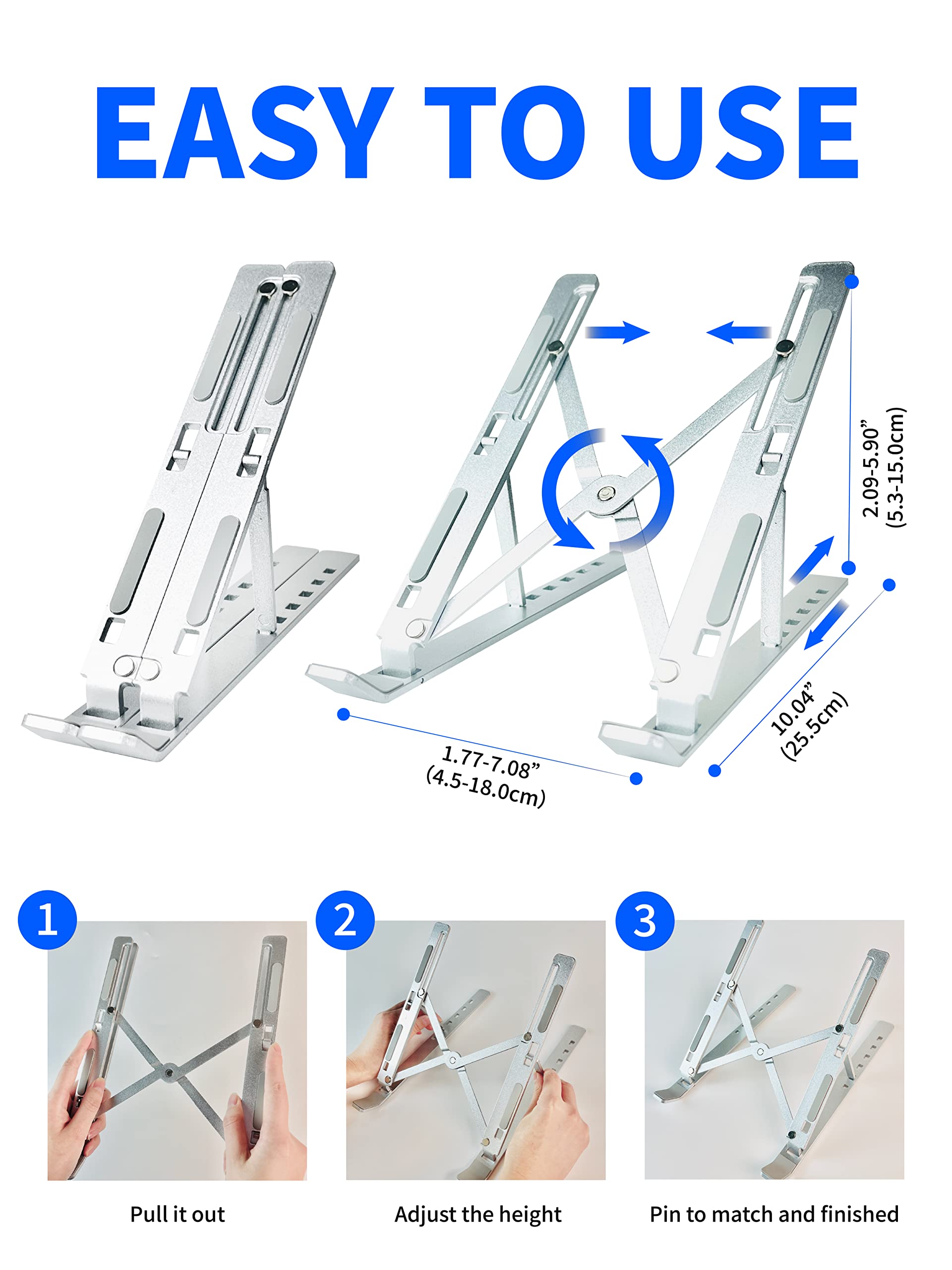 WEETEE Laptop Stand for Desk, Laptop Riser Adjustable Height for Ventilated Cooling, Aluminum Foldable Portable Laptop Holder Compatible with MacBook, Dell, Lenovo More 10-15.6"