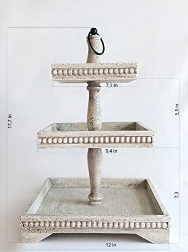 KEFO Three Tiered Beaded Tray Decor Stand - 12 x 18 Inch Large White Wooden 3 Tiered Tray Stand - Decorative Rustic Distressed 3 Tier Tray Decor Table Centerpiece - Tiered Serving Tray for Home Decor
