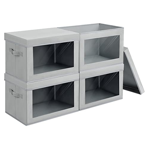 DIMJ Storage Bins with Lids, Foldable Sorage Bin for Closet, Storage Baskets with Window, Fabric Storage Bins with Handle for Clothes, Books, Baby items (Grey, Set of 4)