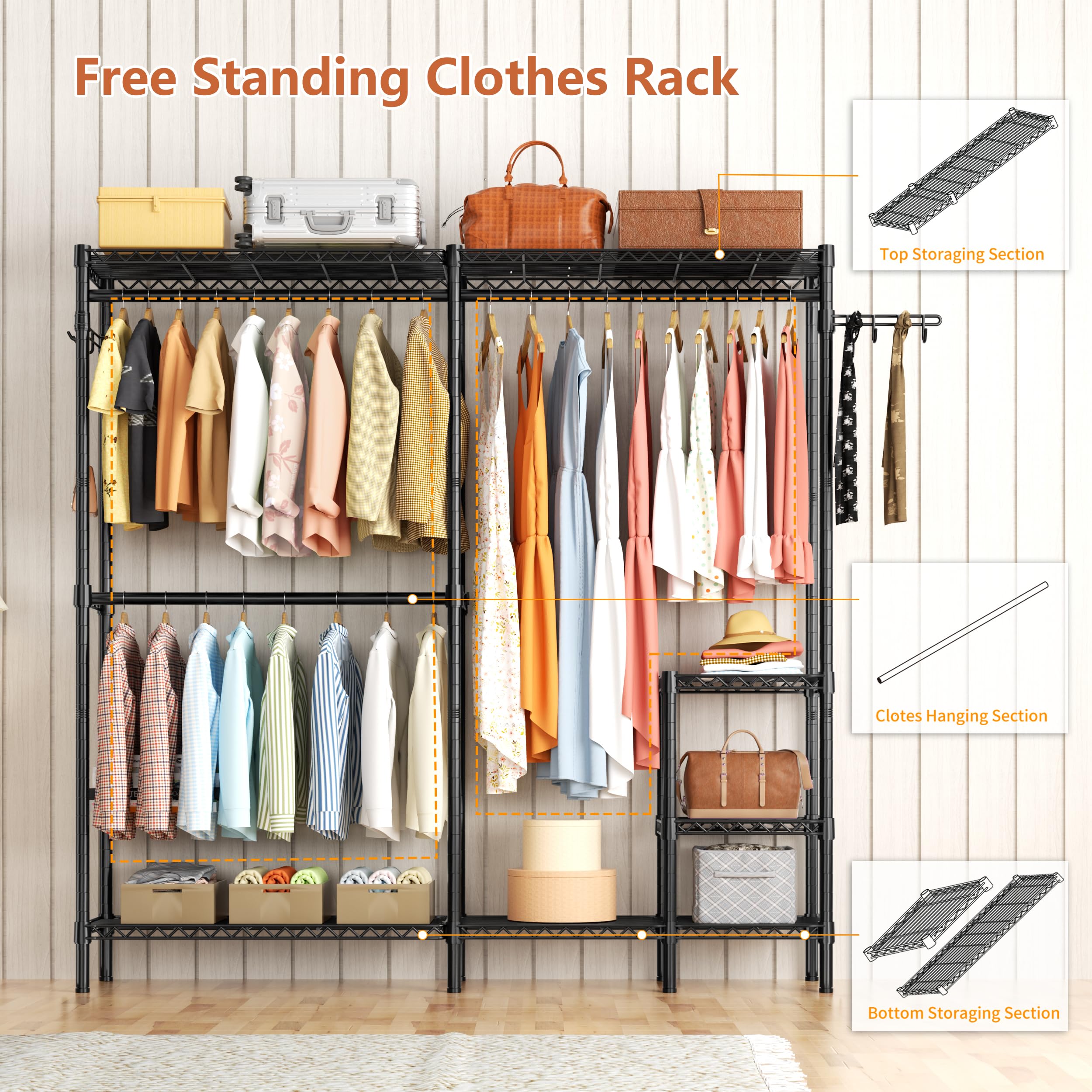 Heavy Duty Clothes Rack Clothing Rack for Hanging Clothes,Large Metal Garment Rack with 4 Tiers Adjustable Wire Shelves&3 Hanger Rods&2 Hooks,Freestanding Closet Wardrobe System,MaxLoad 800lbs