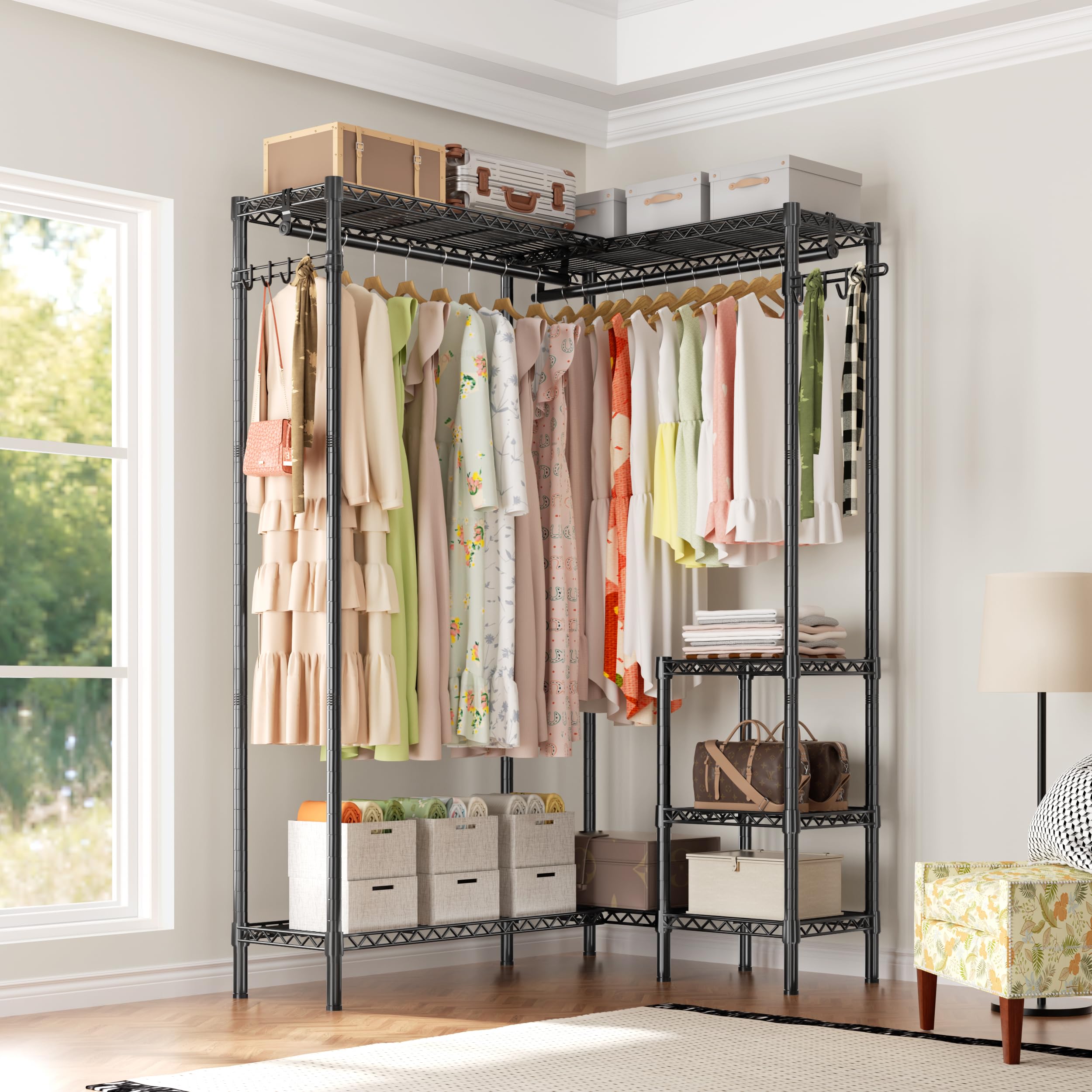 Heavy Duty Clothes Rack Clothing Rack for Hanging Clothes,Large Metal Garment Rack with 4 Tiers Adjustable Wire Shelves&3 Hanger Rods&2 Hooks,Freestanding Closet Wardrobe System,MaxLoad 800lbs