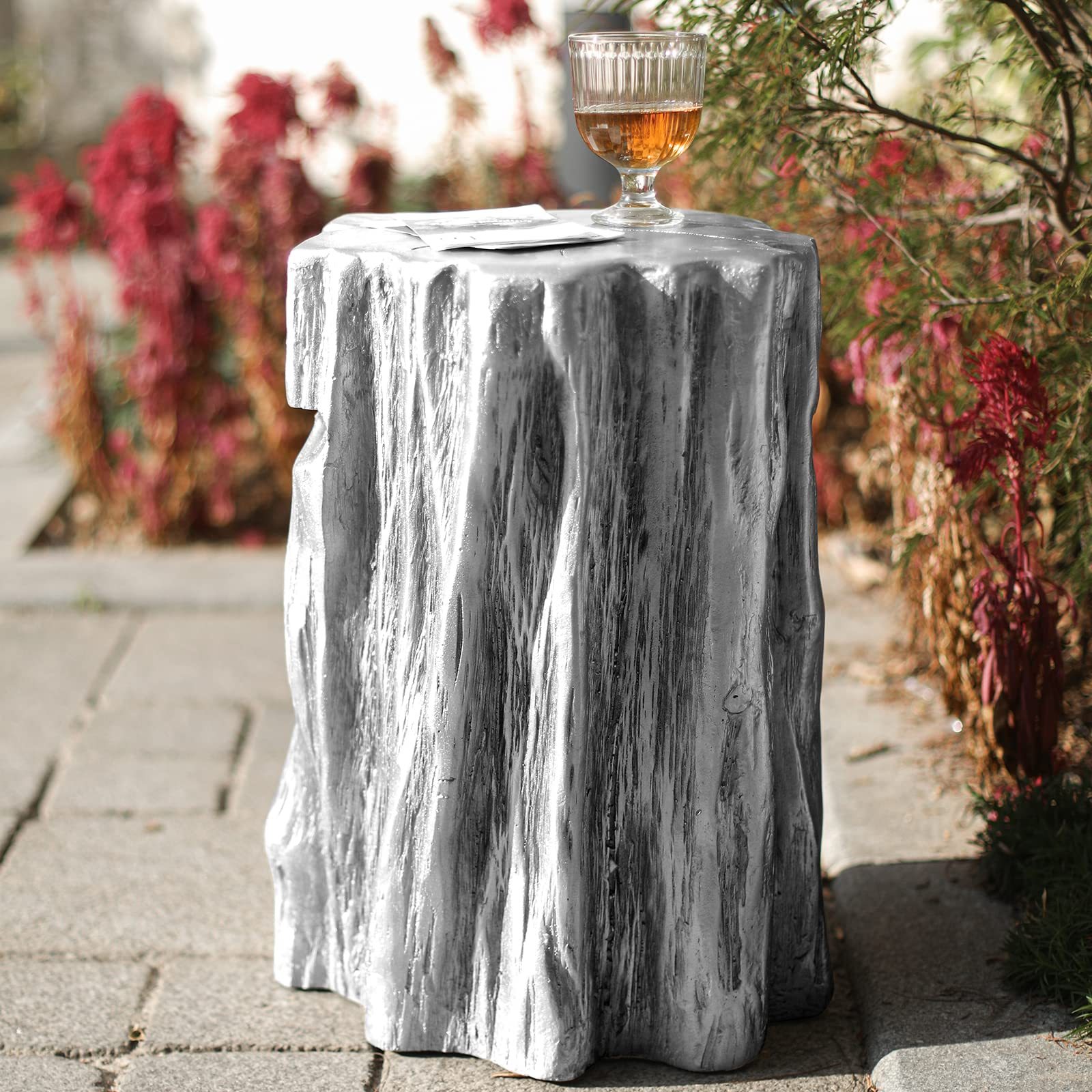 Tree Stump Trunk Side End Table, Faux Wood Patio Table, Garden Stool, Plant Stand, for Indoor Outdoor Courtyard Living Room, 14"X14"X20", Silver