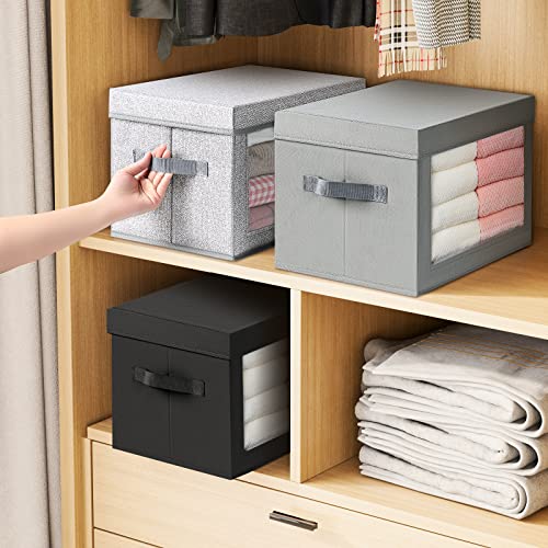 DIMJ Storage Bins with Lids, Foldable Sorage Bin for Closet, Storage Baskets with Window, Fabric Storage Bins with Handle for Clothes, Books, Baby items (Grey, Set of 4)