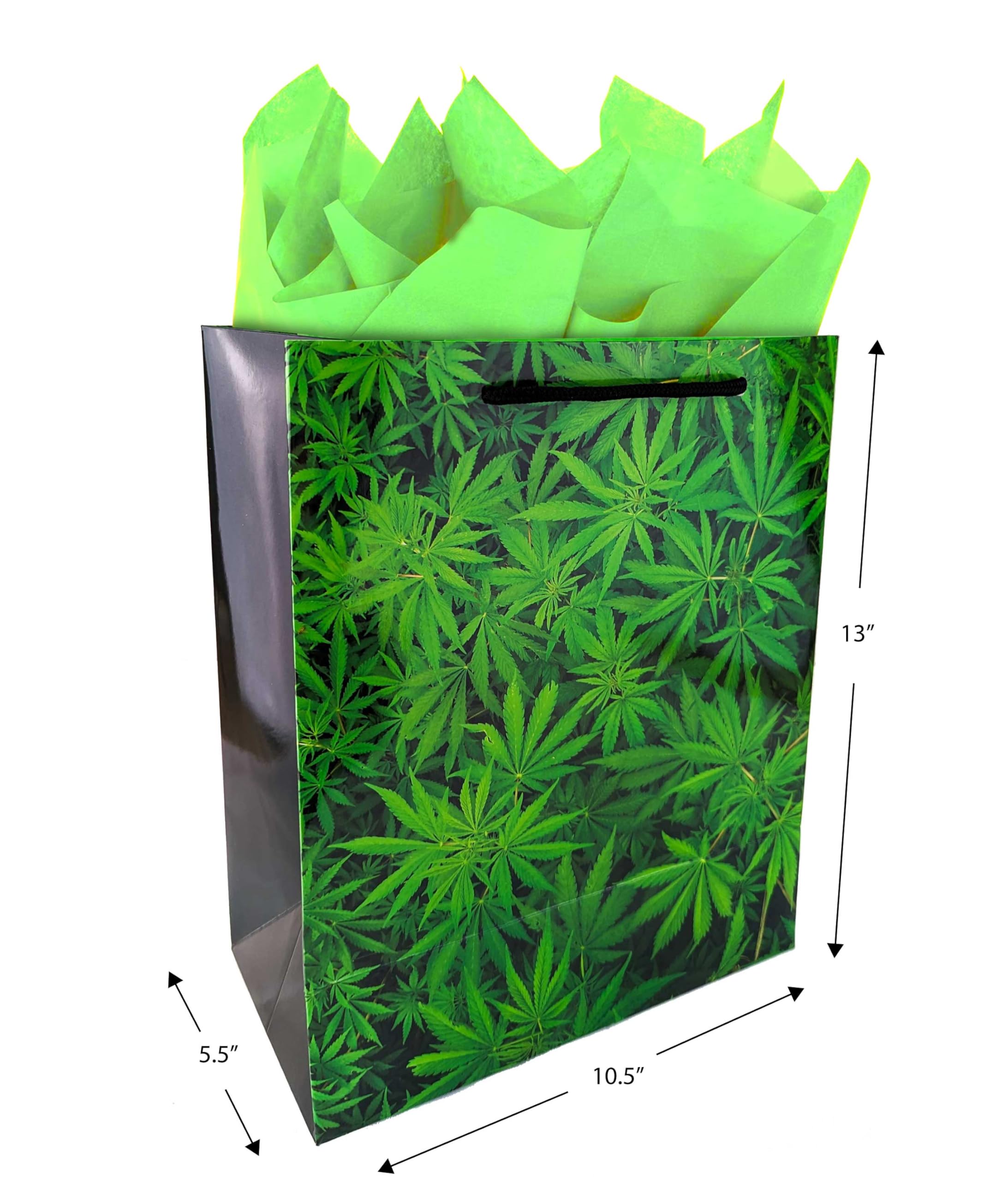 Gift Bag with Tissue, Large Size, Marijuana Bud and Leaves Print, with Cotton Handles, for Christmas, Holiday, Birthday, Wedding, Bachelor, and Bachelorette Occasions