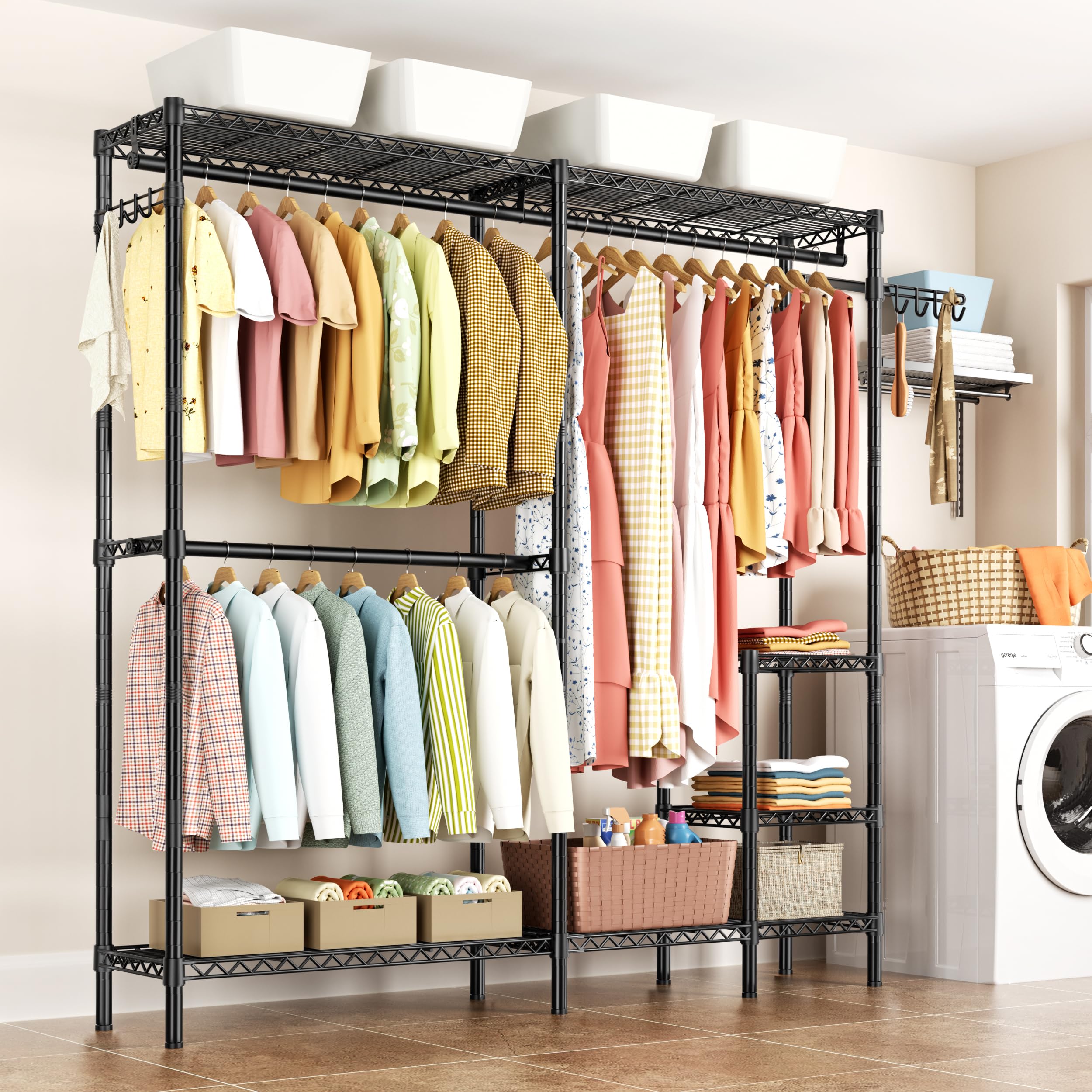 Heavy Duty Clothes Rack Clothing Rack for Hanging Clothes,Large Metal Garment Rack with 4 Tiers Adjustable Wire Shelves&3 Hanger Rods&2 Hooks,Freestanding Closet Wardrobe System,MaxLoad 800lbs
