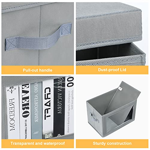 DIMJ Storage Bins with Lids, Foldable Sorage Bin for Closet, Storage Baskets with Window, Fabric Storage Bins with Handle for Clothes, Books, Baby items (Grey, Set of 4)