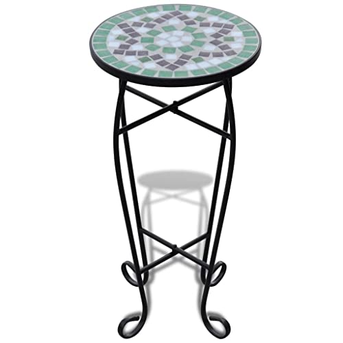SunshineFace Mosaic Side Table, Outdoor Accent Table Coffee Table Plant End Table Small Porch Table Indoor Round Ceramic Balcony Plant Table Stands(Green, 11.8")