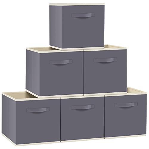FabTotes Storage Bins 6 Pack Collapsible Storage Cubes, 11"x10.5"x10.5" Large Toy Book Organizer Boxes with Handles and Label Card & Label Holder, Baskets for Organizing Closet Shelves (Grey)