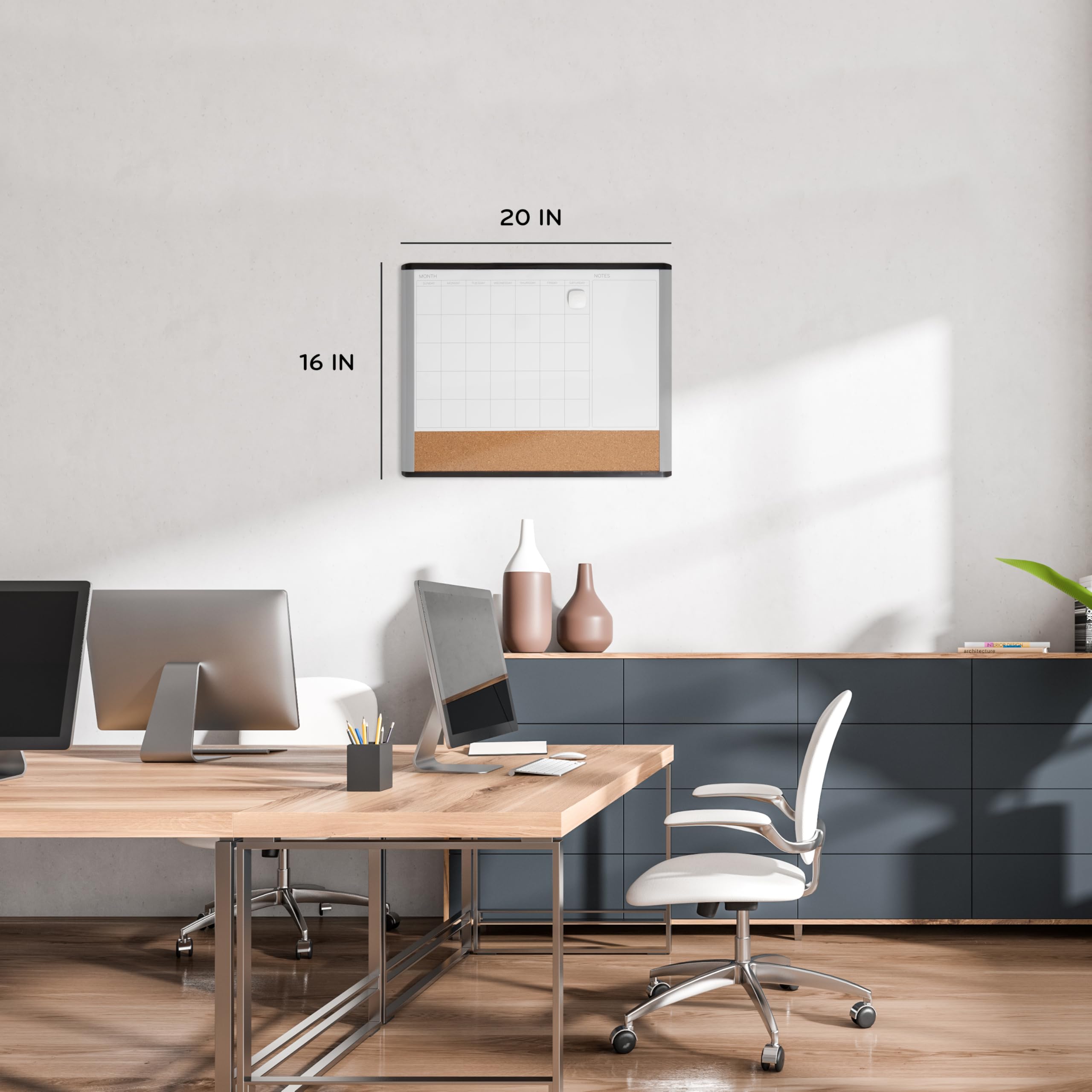 U Brands Magnetic Dry Erase 3-in-1 Calendar Board, 16 x 20 Inches, MOD Black/ Gray Frame, Magnet and Marker Included (388U00-01), Black & Grey