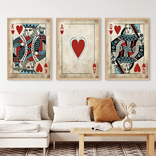 Retro Playing Card Wall Art Queen And King Playing Cards Vintage Poker Playing Cards Canvas Red Heart Playing Card Wall Art Poker Artwork for Living Room Bedroom Bar Decor 16x24inchx3pcs No Frame