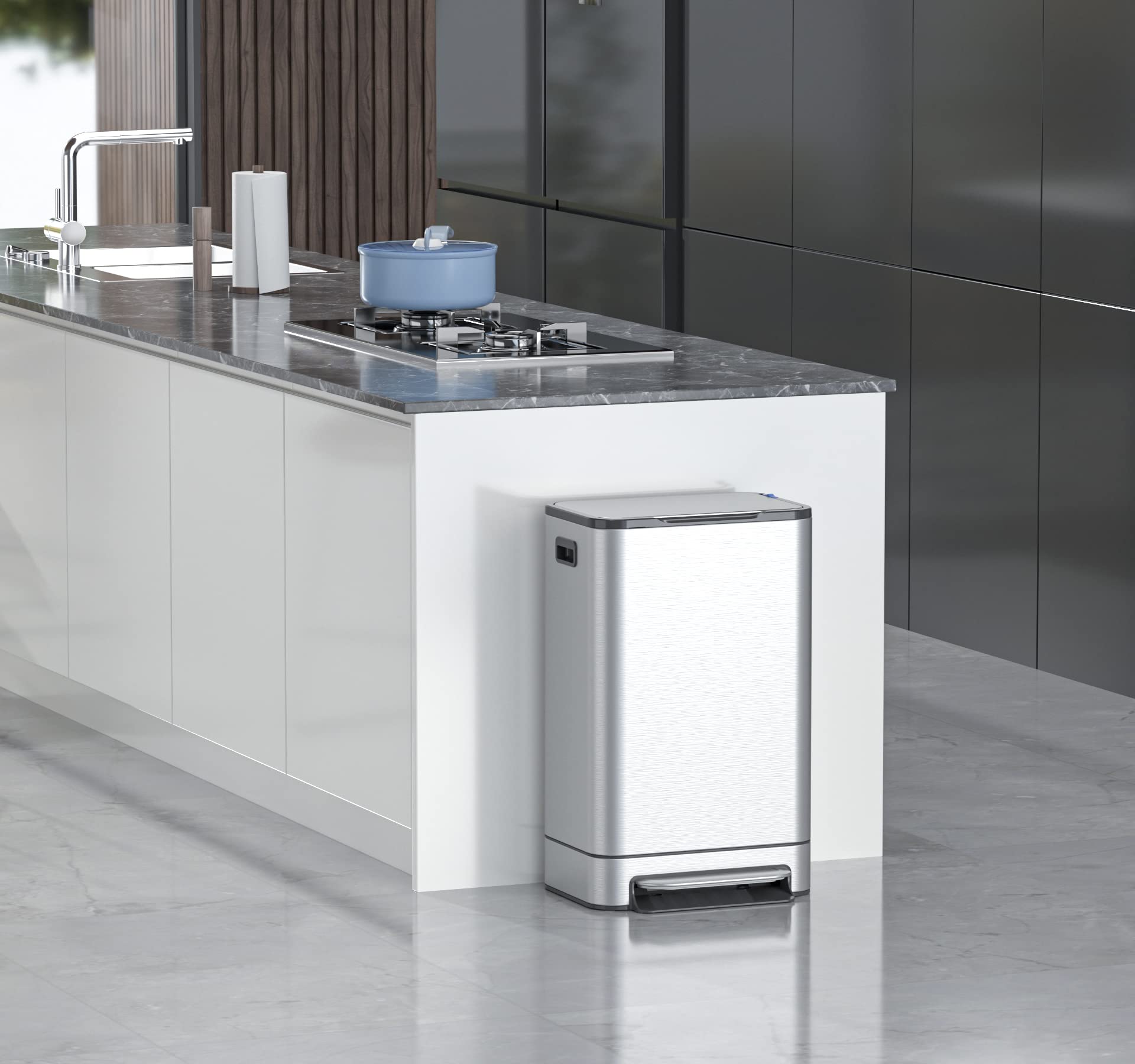 Kitchen Trash Can - ELPHECO - 13.2 Gallon Stainless Steel Garbage Bin with Soft Slow Lid, 50 Liter Pedal Trash Can, Durable Pedal, Removable Plastic Inner Bucket Waste Bin for Office, Kitchen, White