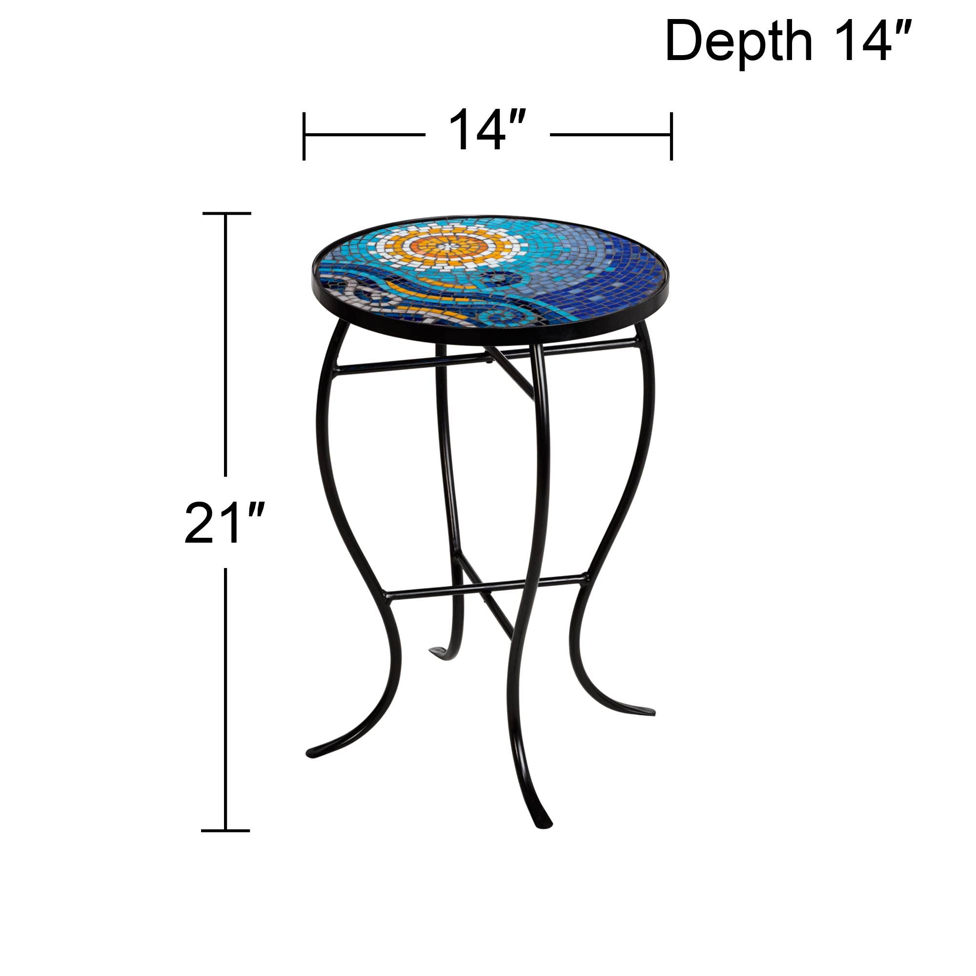 Teal Island Designs Ocean Scene Modern Black Metal Round Outdoor Accent Side Tables 14" Wide Set of 2 Set of 2 Blue Mosaic Tile Tabletop Gracefully Curved Legs for Spaces Porch Patio Home House