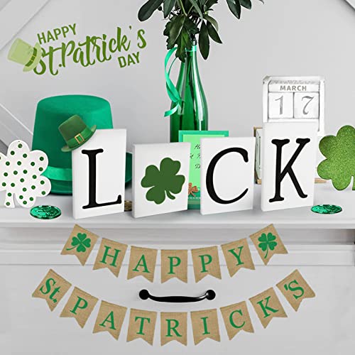 St. Patrick's Day Decorations- St Patricks Day Wood Table Sign with Four Leaf Clover Lucky Sign- St. Patrick's Day Wooden Block St. Patrick's Tiered Tray Decor for Table Home Office Party Decor