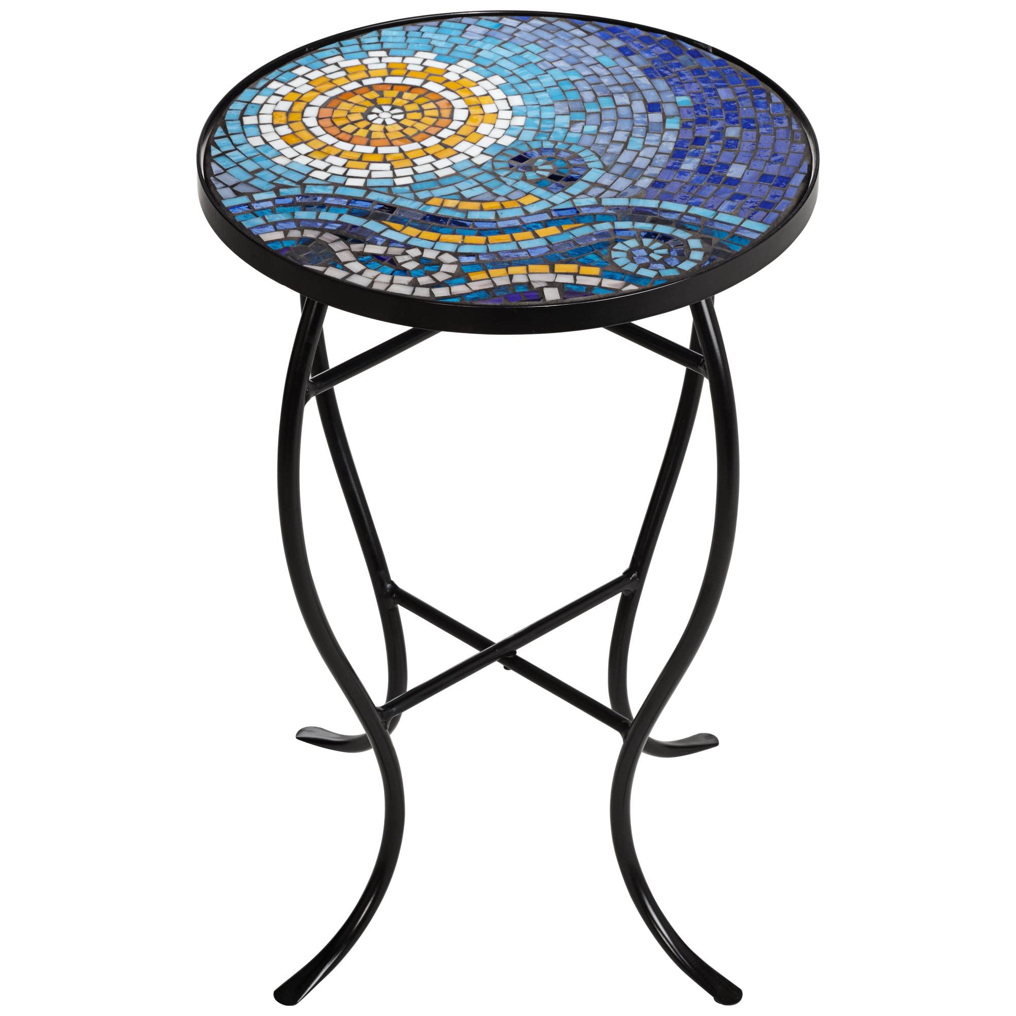 Teal Island Designs Ocean Scene Modern Black Metal Round Outdoor Accent Side Tables 14" Wide Set of 2 Set of 2 Blue Mosaic Tile Tabletop Gracefully Curved Legs for Spaces Porch Patio Home House