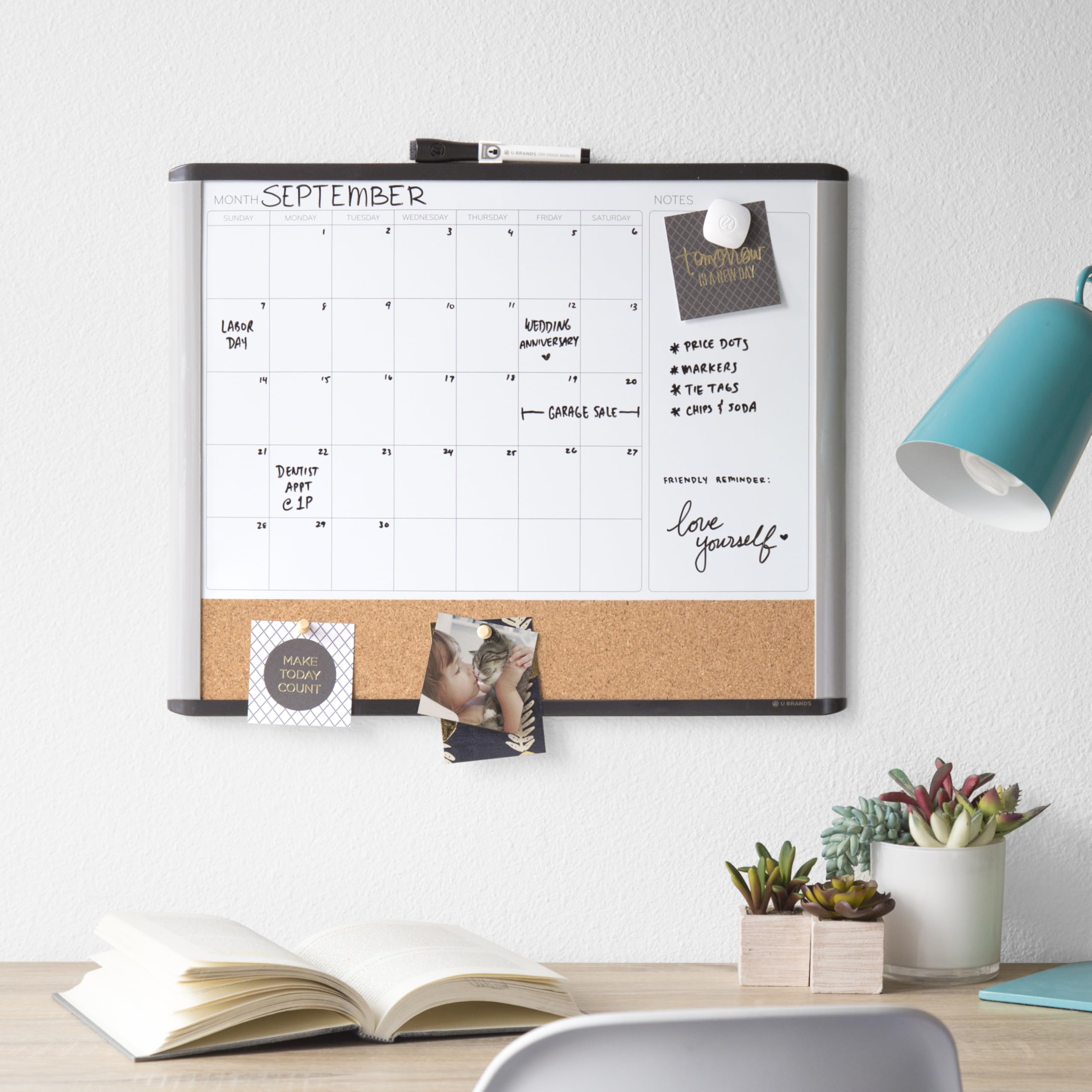 U Brands Magnetic Dry Erase 3-in-1 Calendar Board, 16 x 20 Inches, MOD Black/ Gray Frame, Magnet and Marker Included (388U00-01), Black & Grey