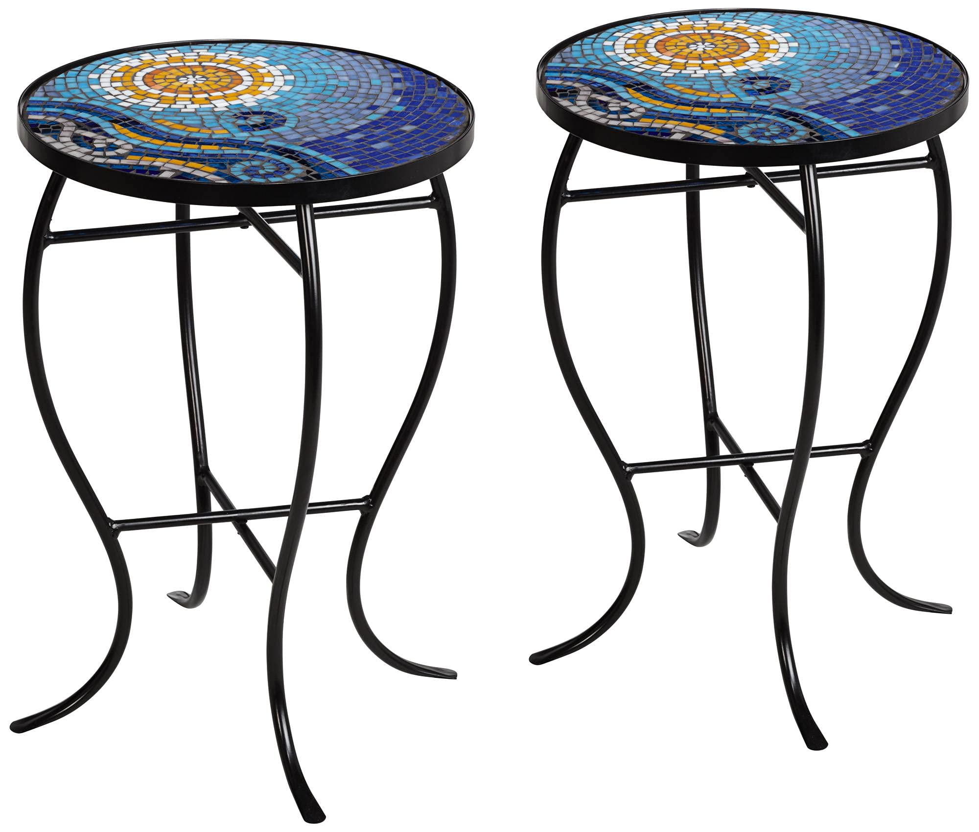 Teal Island Designs Ocean Scene Modern Black Metal Round Outdoor Accent Side Tables 14" Wide Set of 2 Set of 2 Blue Mosaic Tile Tabletop Gracefully Curved Legs for Spaces Porch Patio Home House