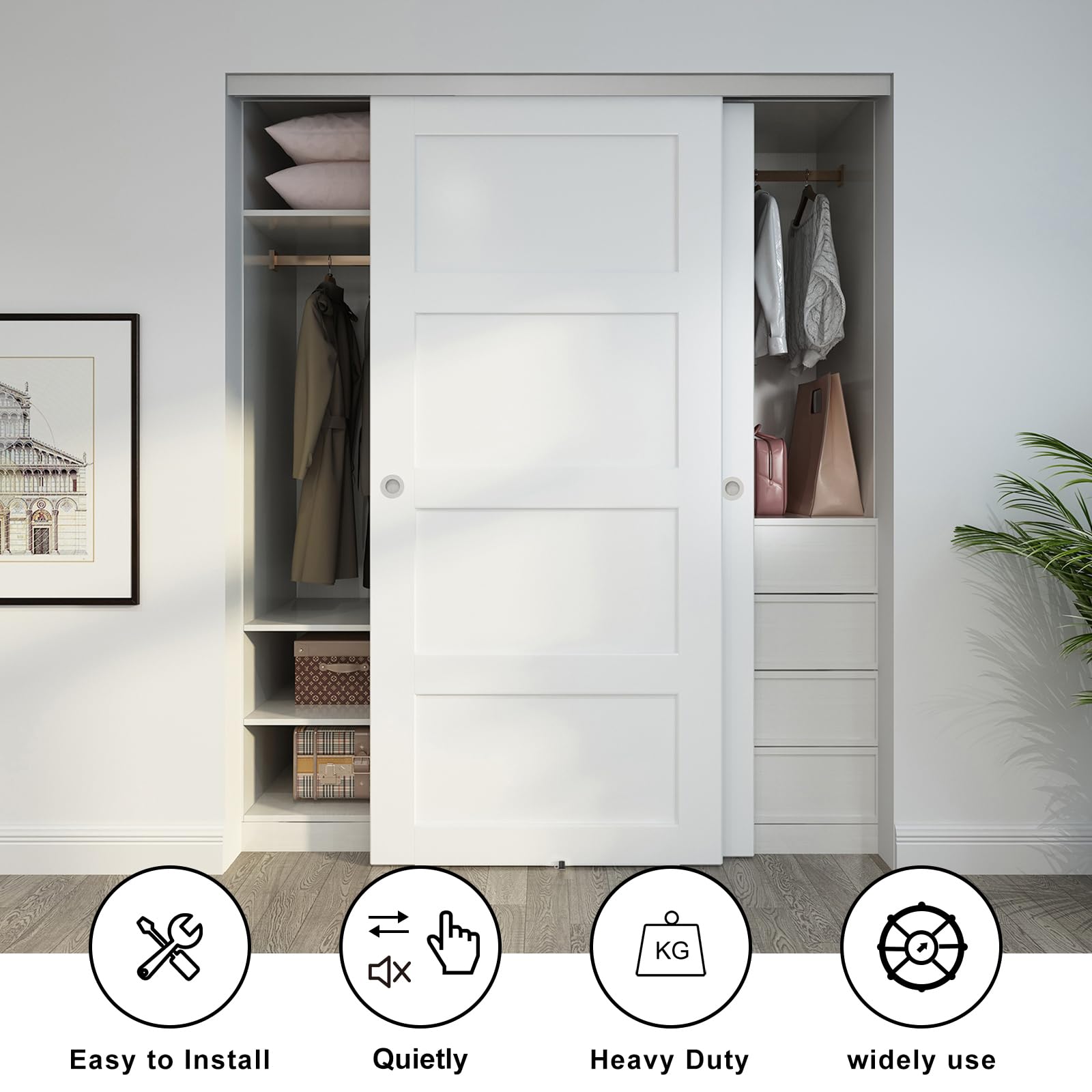 JUBEST Bypass Door Hardware 72", Aluminum Sliding Closet Door Hardware Set with Finger Pull Included, Smoothly and Quietly, for 2 Door System, Fit Door Thickness 1 3/8" or 1 3/4", Easy to Install