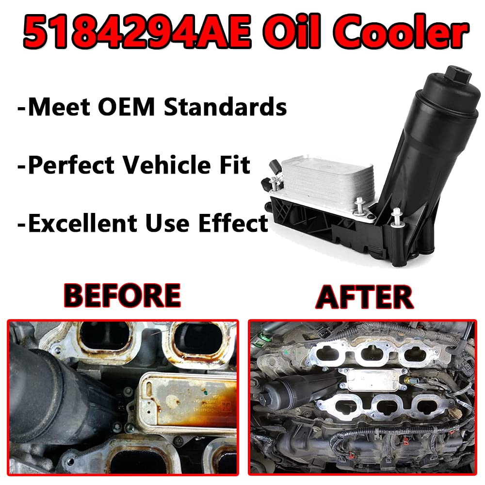 Engine Oil Cooler With 5184294AE Oil Filter Housing Adapter Compatible With 2011 2012 2013 Chrysler 200 300, Dodge Charger Journey Caravan Durango, Jeep Grand Cherokee 3.6L V6