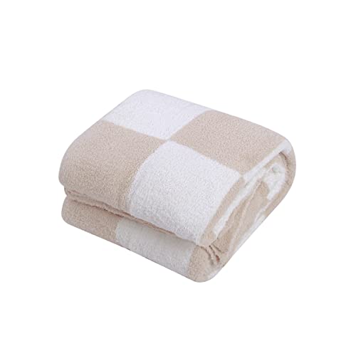 Ultra Soft Classic Checkerboard Chessboard Knitted Throw Blankets Lattice Fluffy Microfiber Lightweight Warm Cozy Bed Blankets Decor for Couch Sofa Bed (Beige, 51"X63")