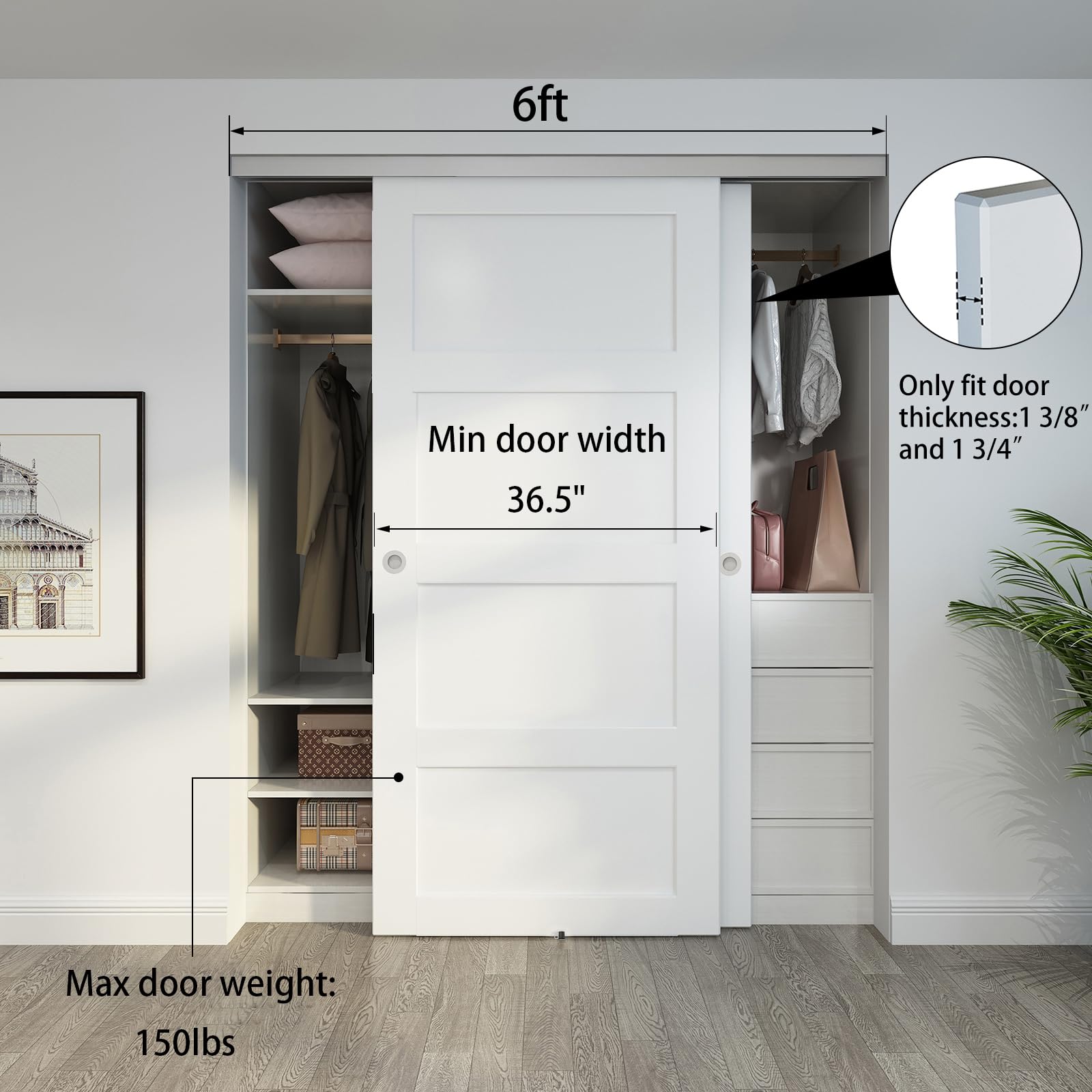 JUBEST Bypass Door Hardware 72", Aluminum Sliding Closet Door Hardware Set with Finger Pull Included, Smoothly and Quietly, for 2 Door System, Fit Door Thickness 1 3/8" or 1 3/4", Easy to Install