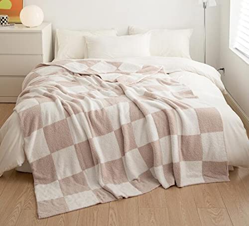 Ultra Soft Classic Checkerboard Chessboard Knitted Throw Blankets Lattice Fluffy Microfiber Lightweight Warm Cozy Bed Blankets Decor for Couch Sofa Bed (Beige, 51"X63")