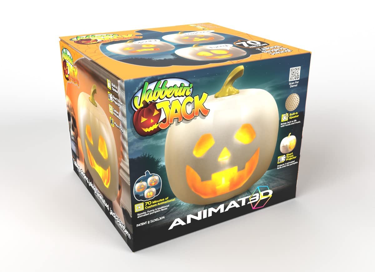 ANIMAT3D Jabberin Jack Talking Animated White Pumpkin with Built in Projector & Speaker Plug'n Play
