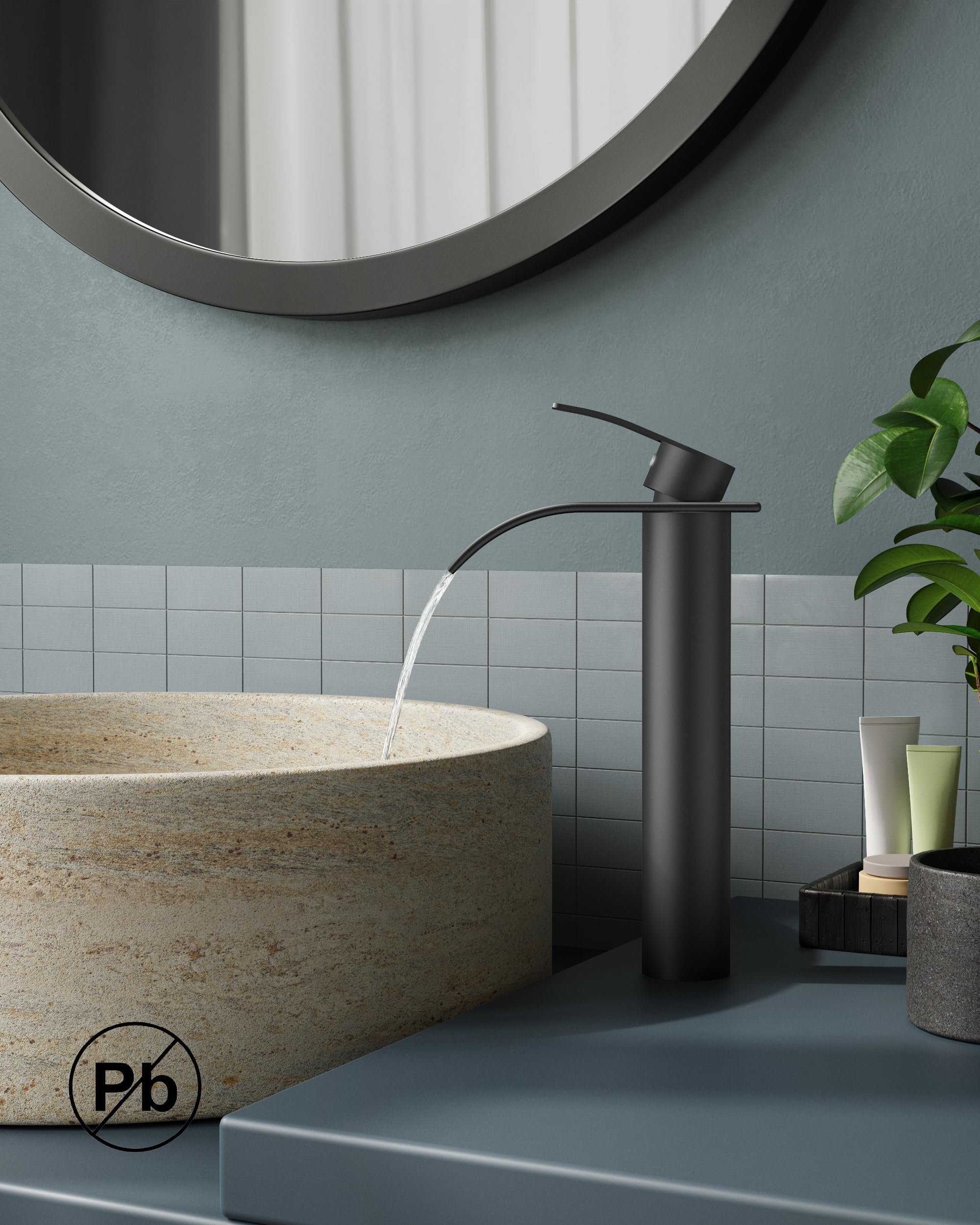 FORIOUS Waterfall Bathroom Vessel Sink Faucets with Metal Pop up Drain and Lead-Free cUPC Hose, Mate Black Single Handle Tall Bathroom Faucet 1 Hole, 11inch for Bath,Vessel