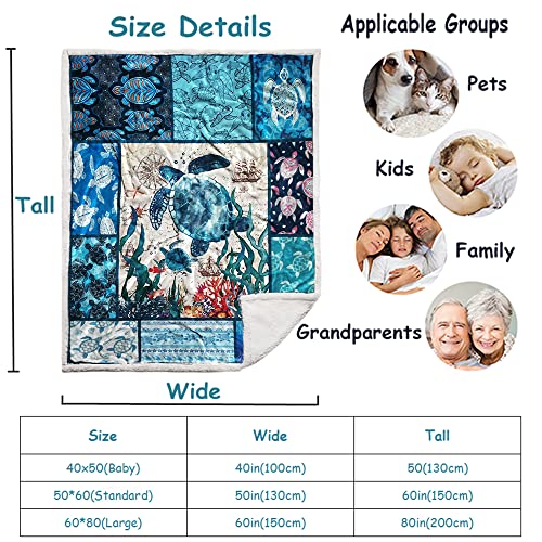 Zzkslife Sea Turtle Blanket Sherpa Fleece Blanket Cute Turtle Decor Animal Blanket for Bed Couch, Blue Sea Turtle Gifts for Women(Turtle,Throw,50"×60")