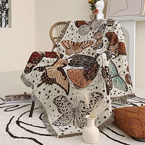 tiowik Butterflies Throw Woven Blanket with Tassel for Home Decoration Chair Couch Sofa Bed Beach Travel Picnic Cloth Tapestry Shawl Cozy Cotton (White 63×51 Inches)