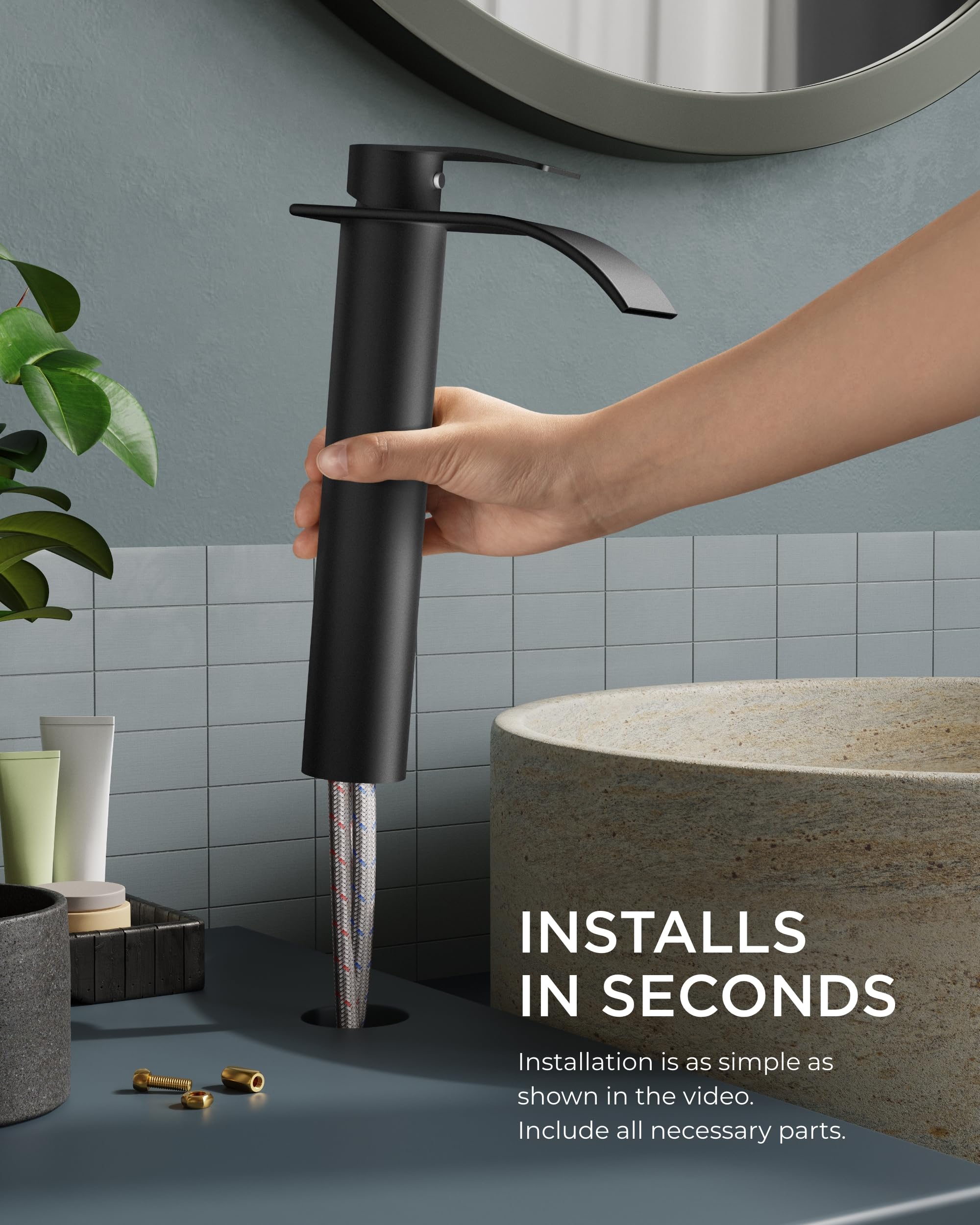 FORIOUS Waterfall Bathroom Vessel Sink Faucets with Metal Pop up Drain and Lead-Free cUPC Hose, Mate Black Single Handle Tall Bathroom Faucet 1 Hole, 11inch for Bath,Vessel