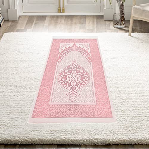 Luxemin Pink Color Luxurious Sheen, Soft and Velvety Muslim Prayer Rug | Janamaz | Sajadah | Soft Islamic Prayer Rug | Islamic Gifts Collection Prayer Carpet Mat, Taffeta Fabric