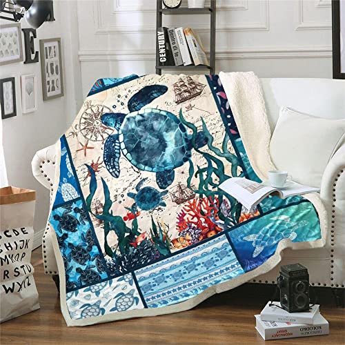 Zzkslife Sea Turtle Blanket Sherpa Fleece Blanket Cute Turtle Decor Animal Blanket for Bed Couch, Blue Sea Turtle Gifts for Women(Turtle,Throw,50"×60")