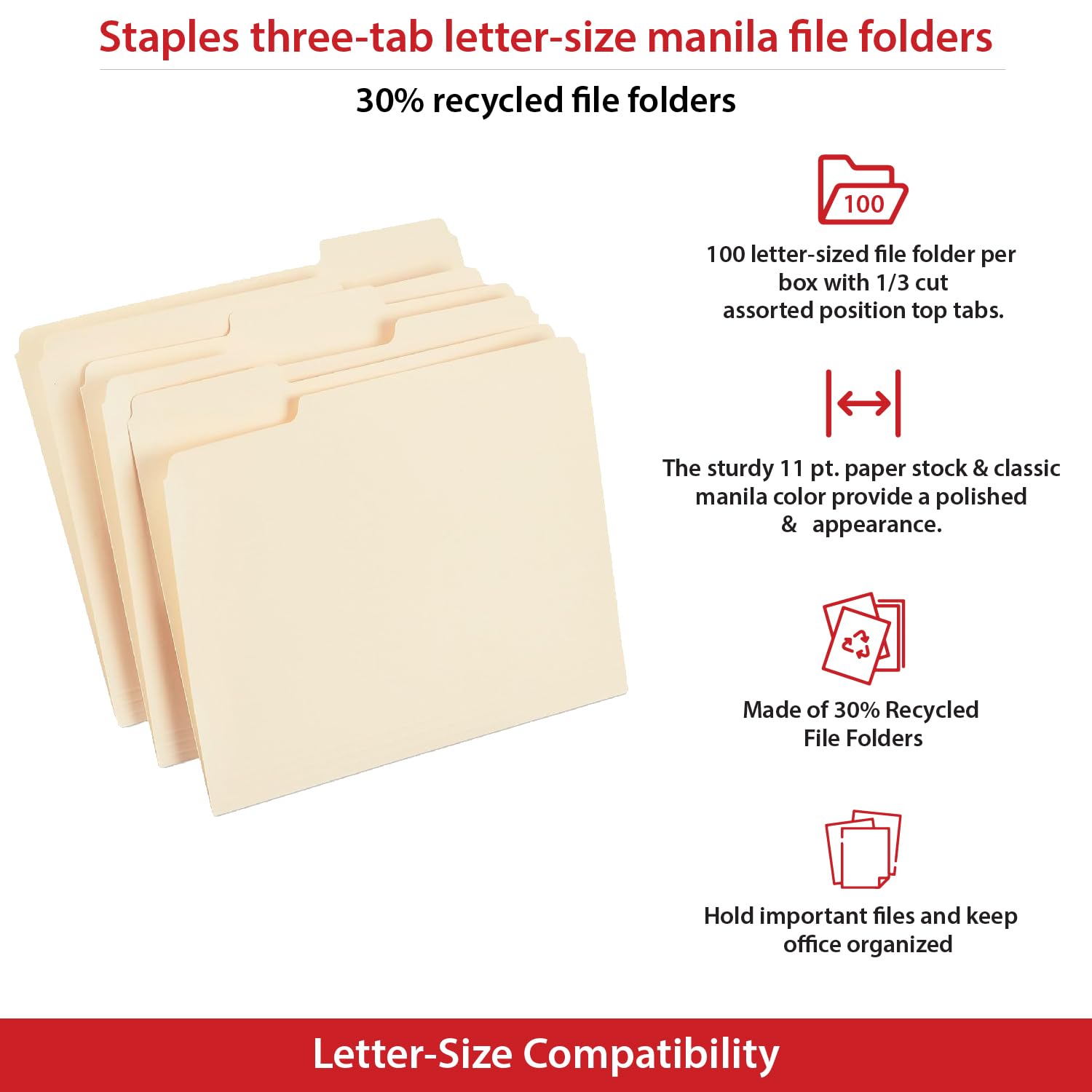 Staples 116657 Manila File Folders Letter 3 Tab Assorted Position 100/Box