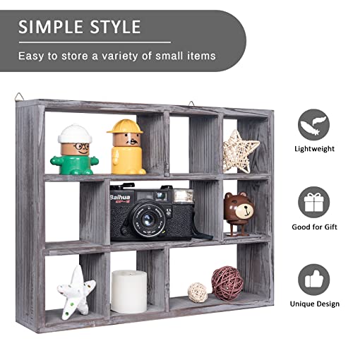 bluegift Shadow Box Display Shelf 9-Slot Rustic Wood Wall Mountable & Freestanding Shelf for Table or Desk, Torched Brown