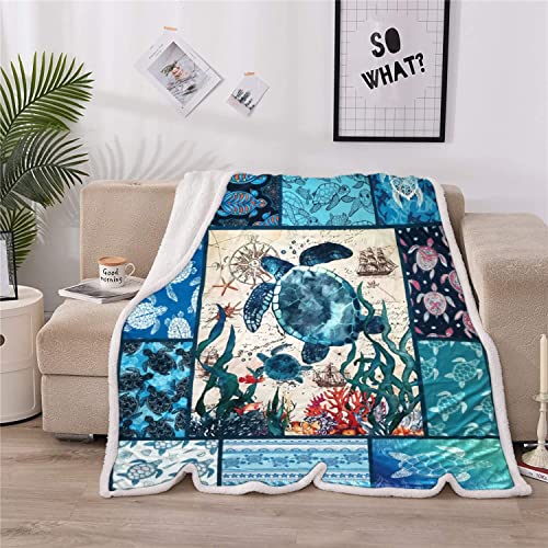 Zzkslife Sea Turtle Blanket Sherpa Fleece Blanket Cute Turtle Decor Animal Blanket for Bed Couch, Blue Sea Turtle Gifts for Women(Turtle,Throw,50"×60")