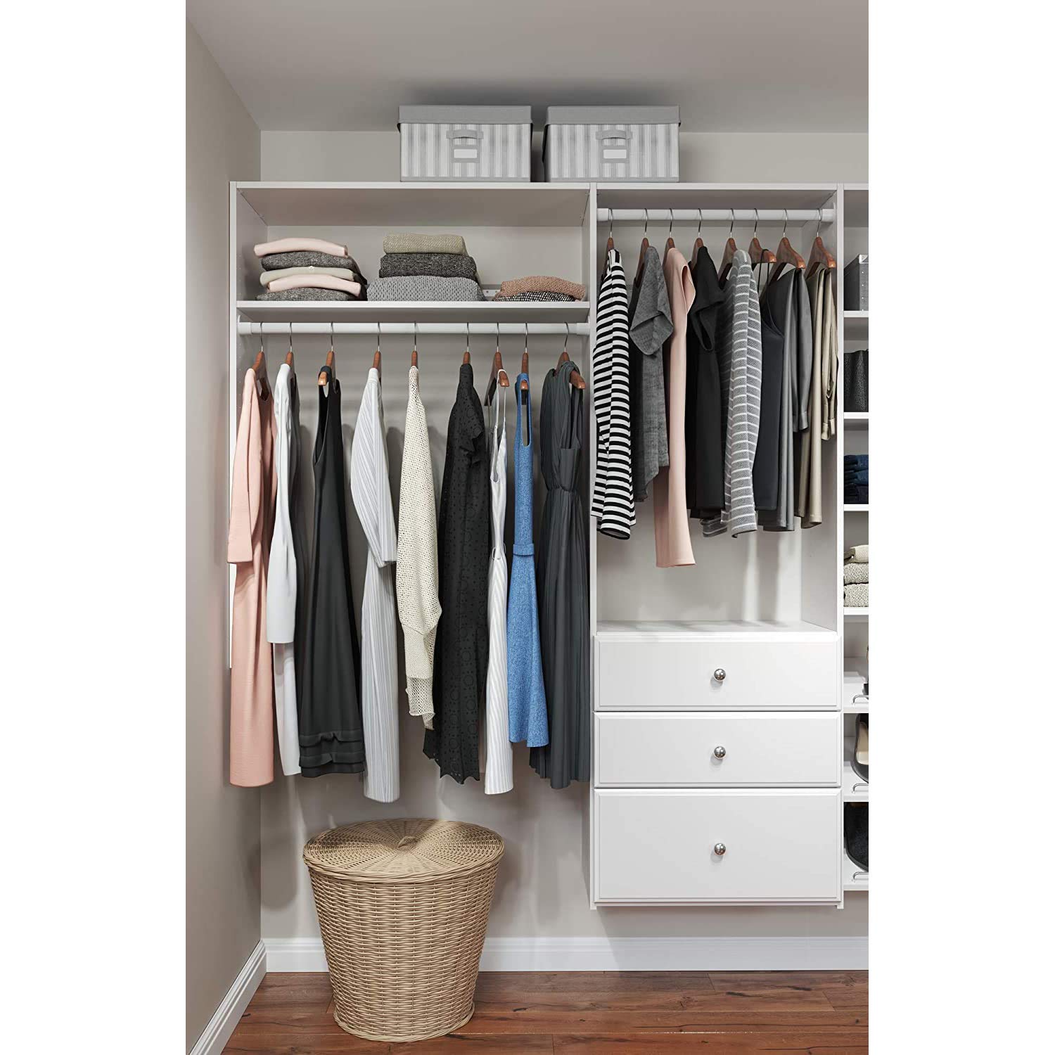 Easy Track PH45-WH Dual Tower Closet Storage Wall Mounted Wardrobe Organizer Kit System with Shelves and Drawers for Bedroom in White with Hardware