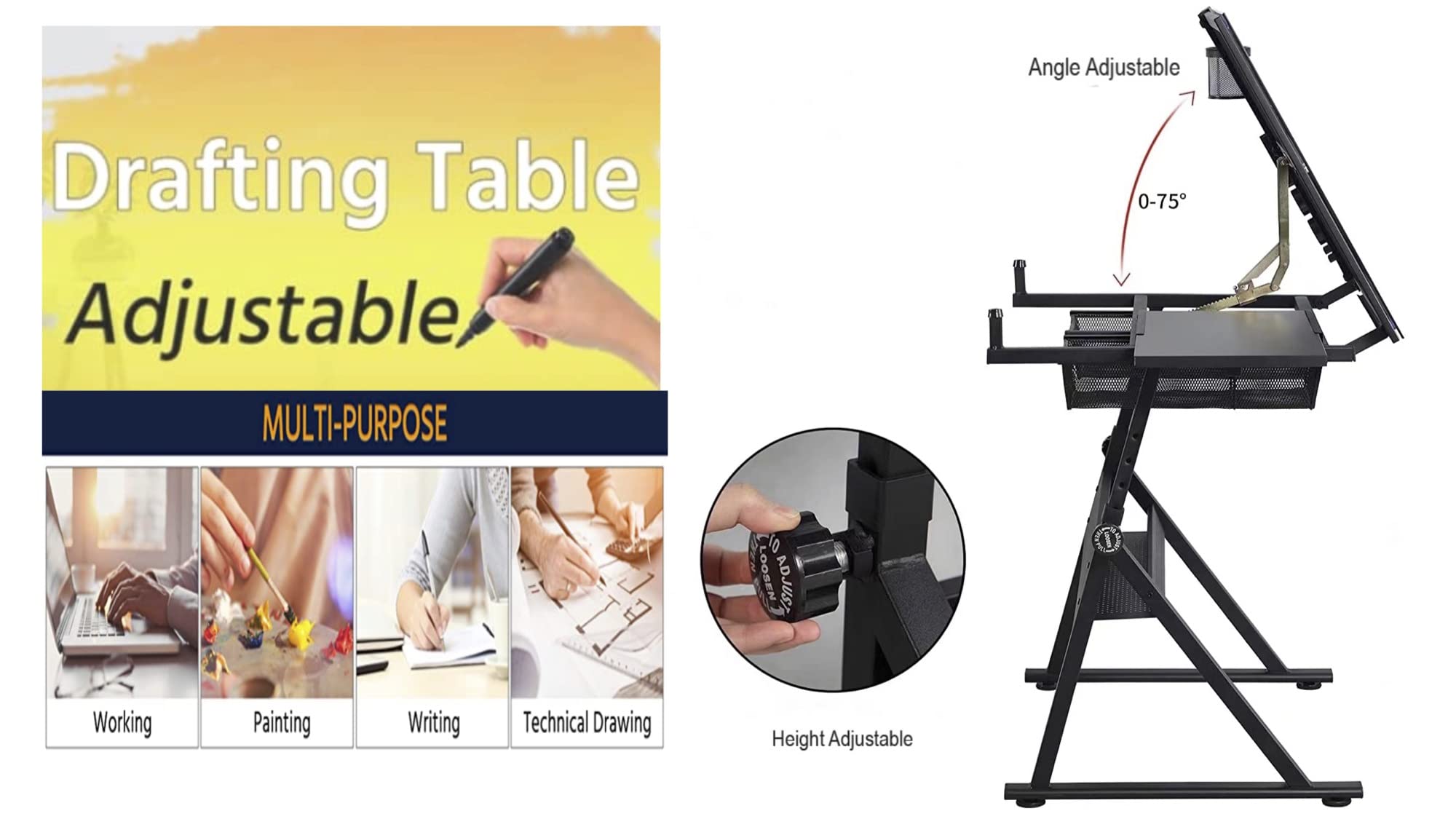 Lambgier Glass Craft Table Drawing Desk – Drafting Tables Hobby Table Writing Studio Art Artist Desk with Adjustable Tilted Tabletop (Black)