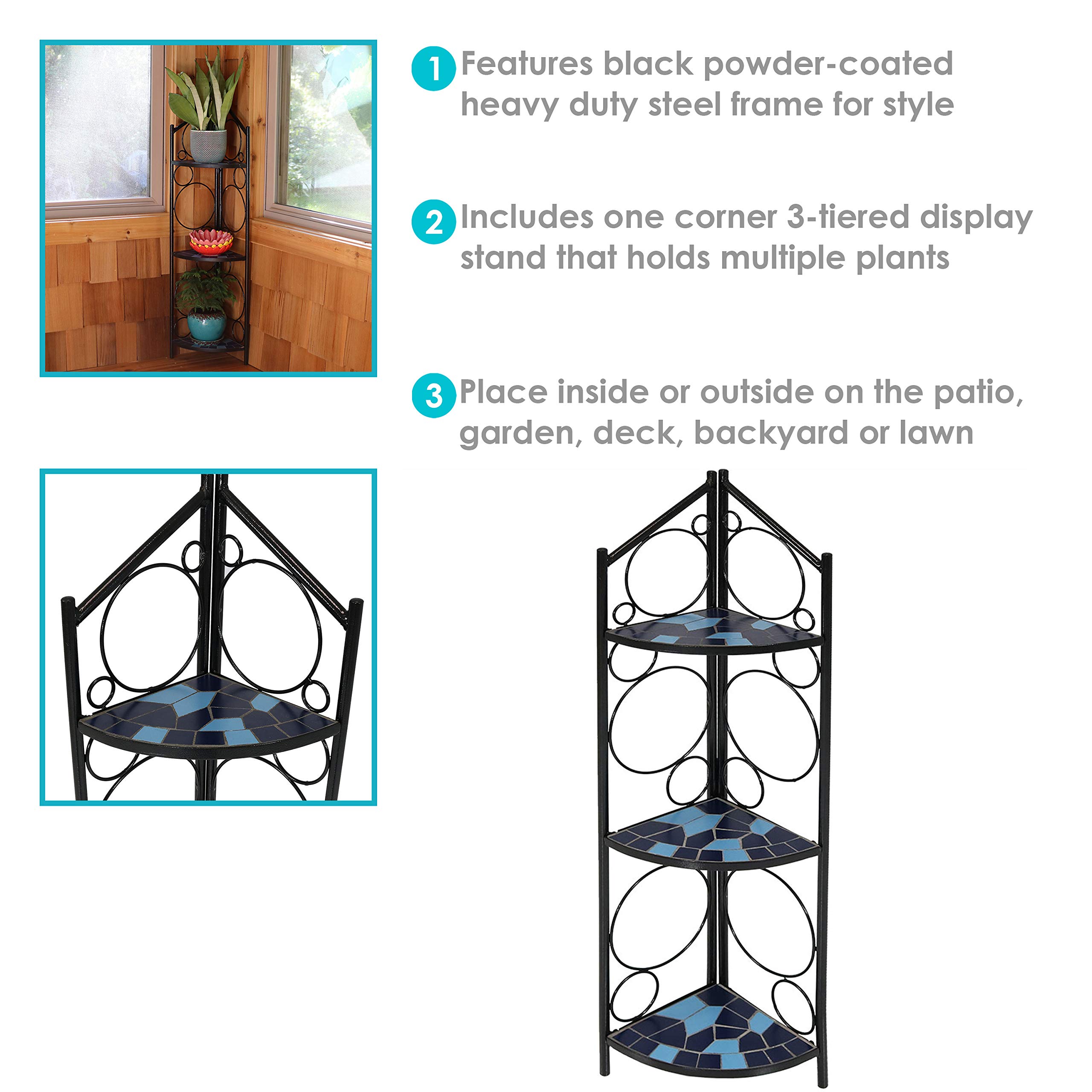 Sunnydaze 44" 3-Tier Outdoor Metal Corner Folding Mosaic Plant Stand - Blue
