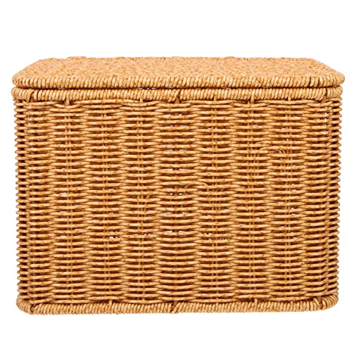 Zerodeko Baskets Woven Basket Wicker Basket Organizer with Lid Handwoven Seagrass Storage Bins Box Rectangular Plastic Basket Storage Organizer Wicker Basket for Home Office Shelf Storage Basket