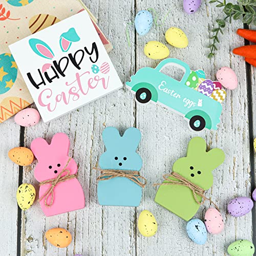Easter Decorations-5PCS Wood Block Bunny Peeps Easter Decorations for The Home-Farmhouse Easter Decor for Table and Easter Tray Decor