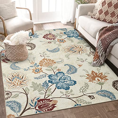 ROYHOME 5x7 Machine Washable Area Rugs Non-Slip Farmhouse Flower Area Rug Vintage Floral Throw Carpet Non Shedding Foldable Area Rug for Kitchen Living Room Bedroom Dining Room, 5'x7', Multi-Color