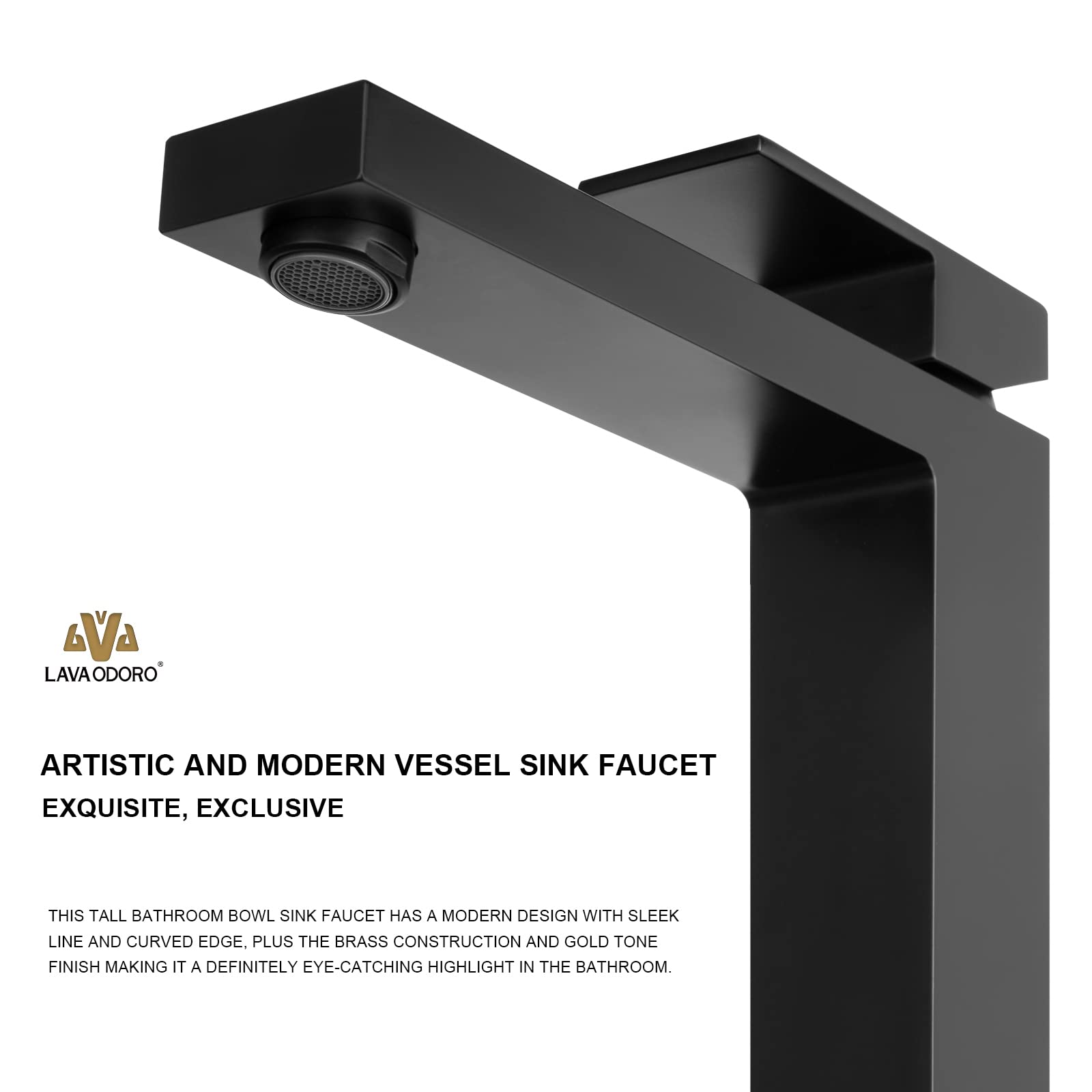 Lava Odoro Matte Black Vessel Sink Faucet, Tall Single Handle Bathroom Faucet Single Hole Bowl Sink Faucet Lavatory Vanity Faucet with Pop up Drain Assembly, BF307-MB-T