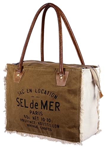 VINTAGE CRAFTS Bags Sel De Mer Upcycled Canvas Hand Bag Upcycled Canvas & Cowhide Tote Bag Radiant Leather Bag