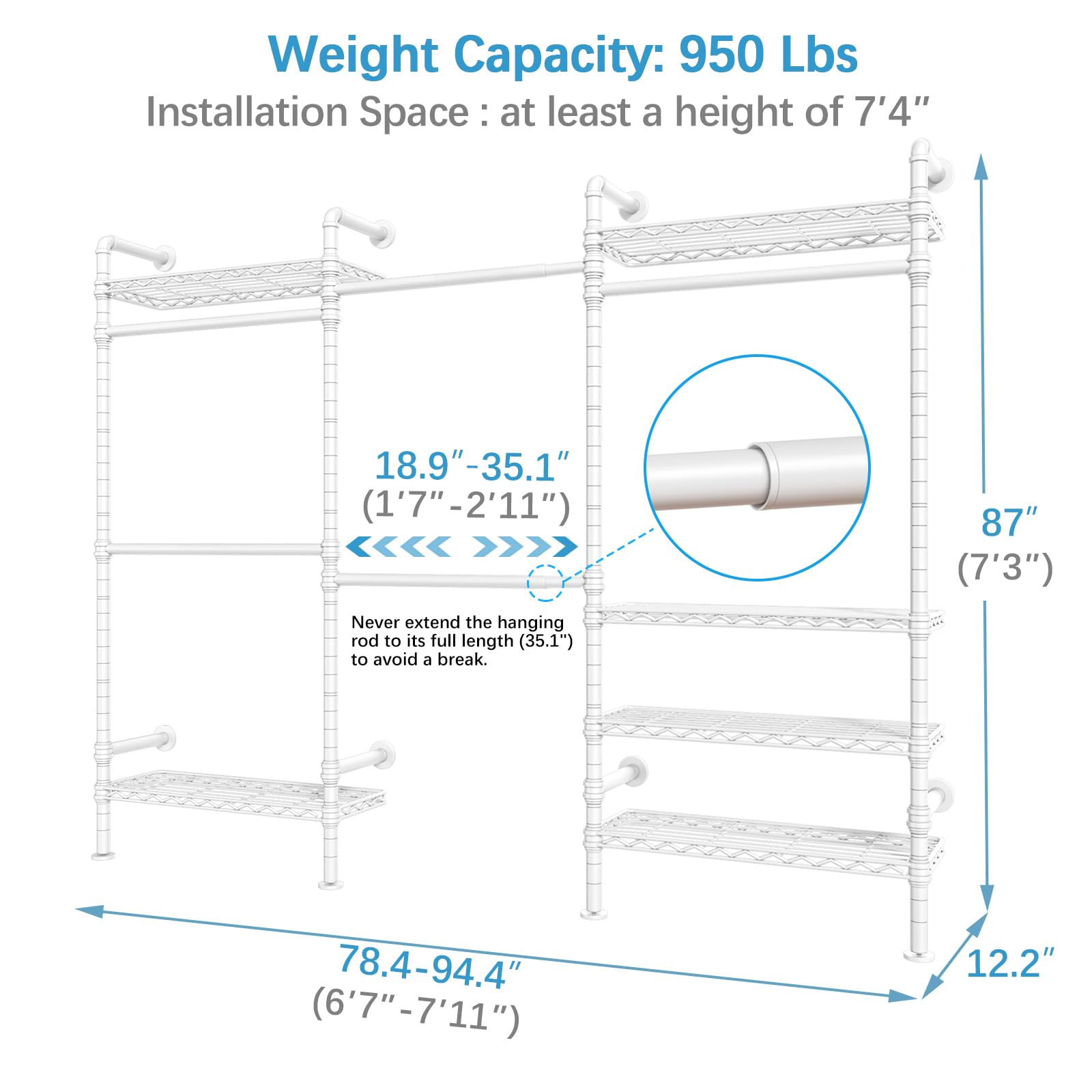 Timate F3 Garment Rack Heavy Duty Clothes Rack for Hanging Clothes, Expandable Industrial Pipe Wall Mounted Clothing Rack, Adjustable Storage Closet Wardrobe Closet Kit Walk in Closet Systems, White
