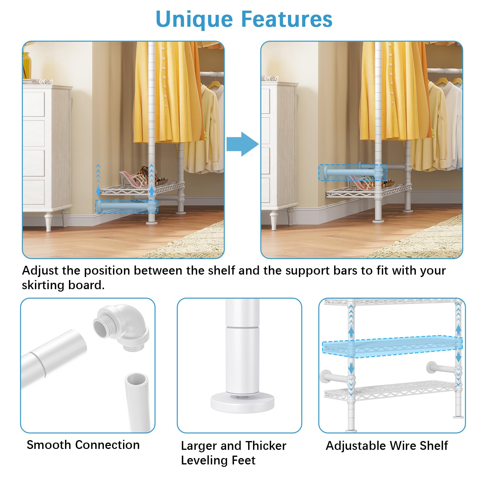 Timate F3 Garment Rack Heavy Duty Clothes Rack for Hanging Clothes, Expandable Industrial Pipe Wall Mounted Clothing Rack, Adjustable Storage Closet Wardrobe Closet Kit Walk in Closet Systems, White