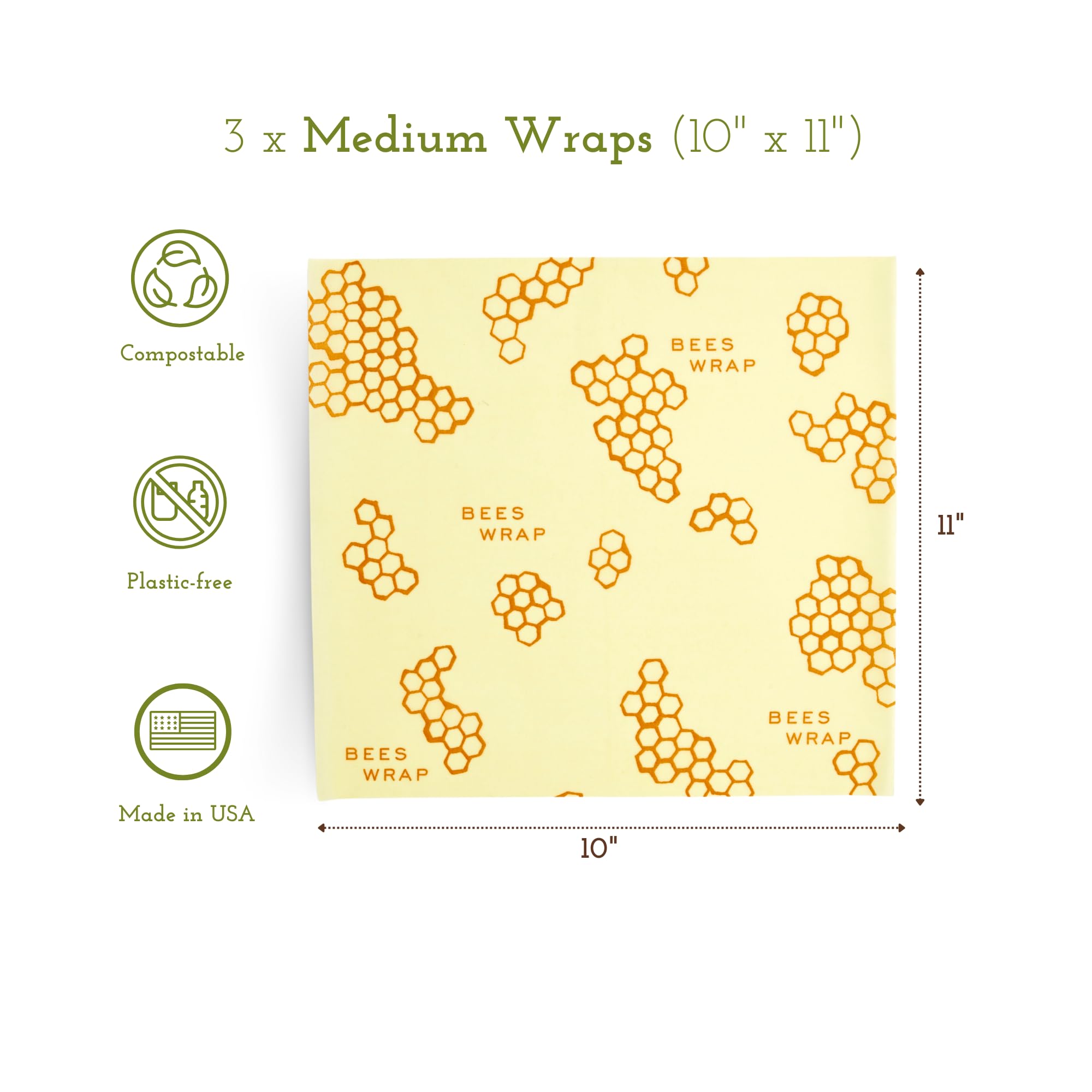 Bee's Wrap - Medium 3 Pack - Made in The USA with Certified Organic Cotton - Plastic and Silicone Free - Reusable Eco-Friendly Beeswax Food Wraps - Medium (10" x 11")