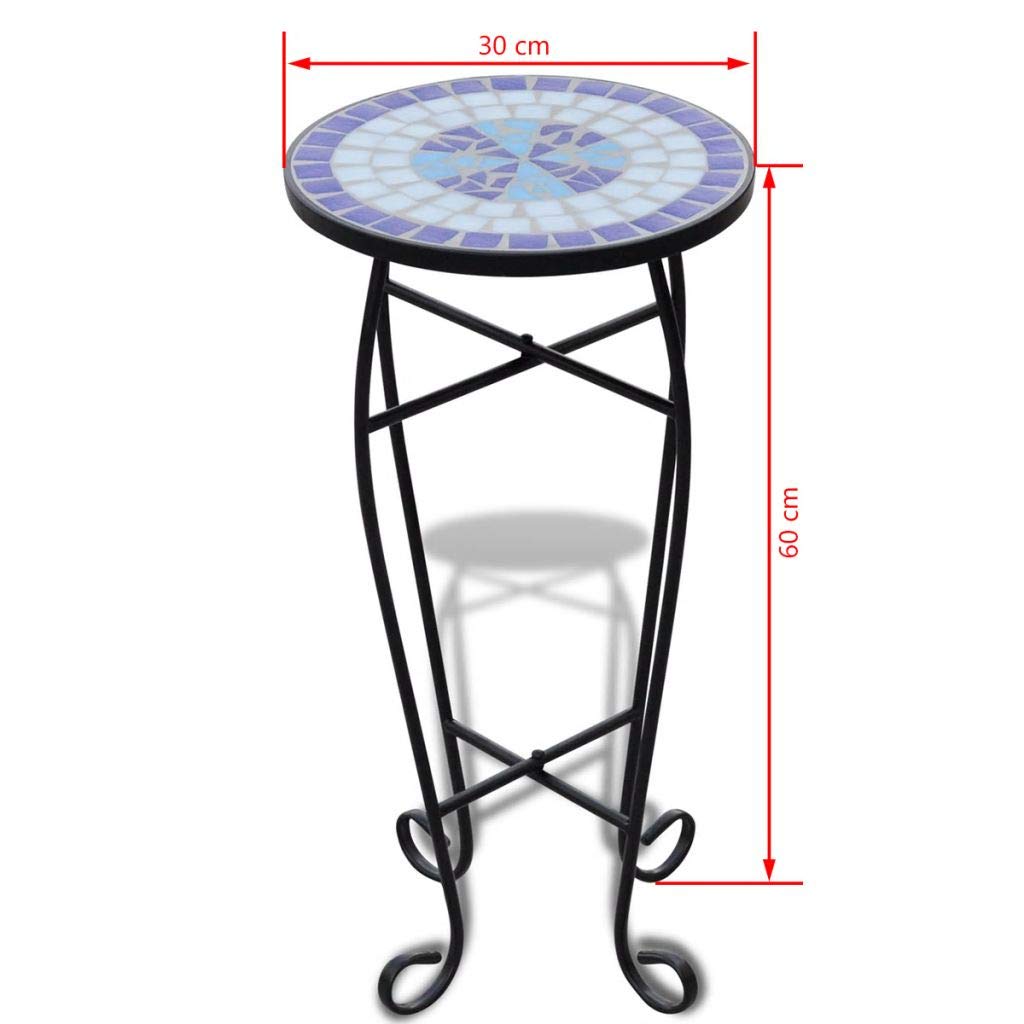 NusGear Mosaic Side Table Plant Table Blue White, Material: Iron Tube + Ceramic Tile -128