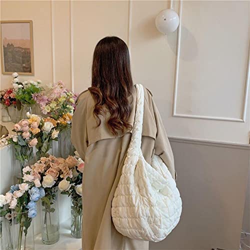 MadGrandeur Women's Puffer Bag Solid Color Padded Tote Bag Quilted Puffy Crossbody Bag Large Aesthetic Pleated Underarm Shoulder Bag (White)